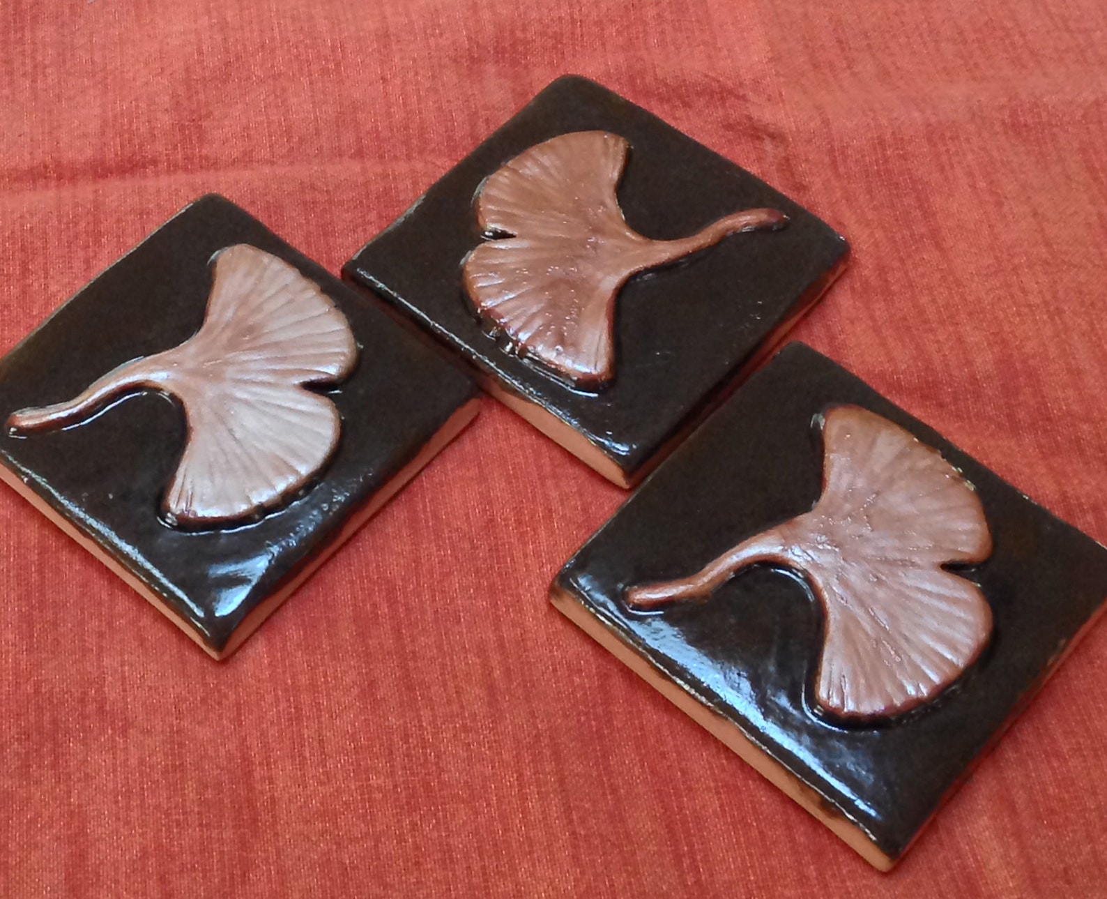 3" Ginkgo Tile, Arts and Crafts Tile, Espresso and Copper Glaze.set of ...