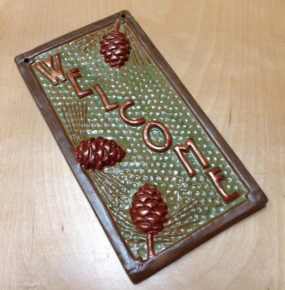 Welcome Sign Tile Craftsman Vertical Tile Pinecones Makes a - Etsy