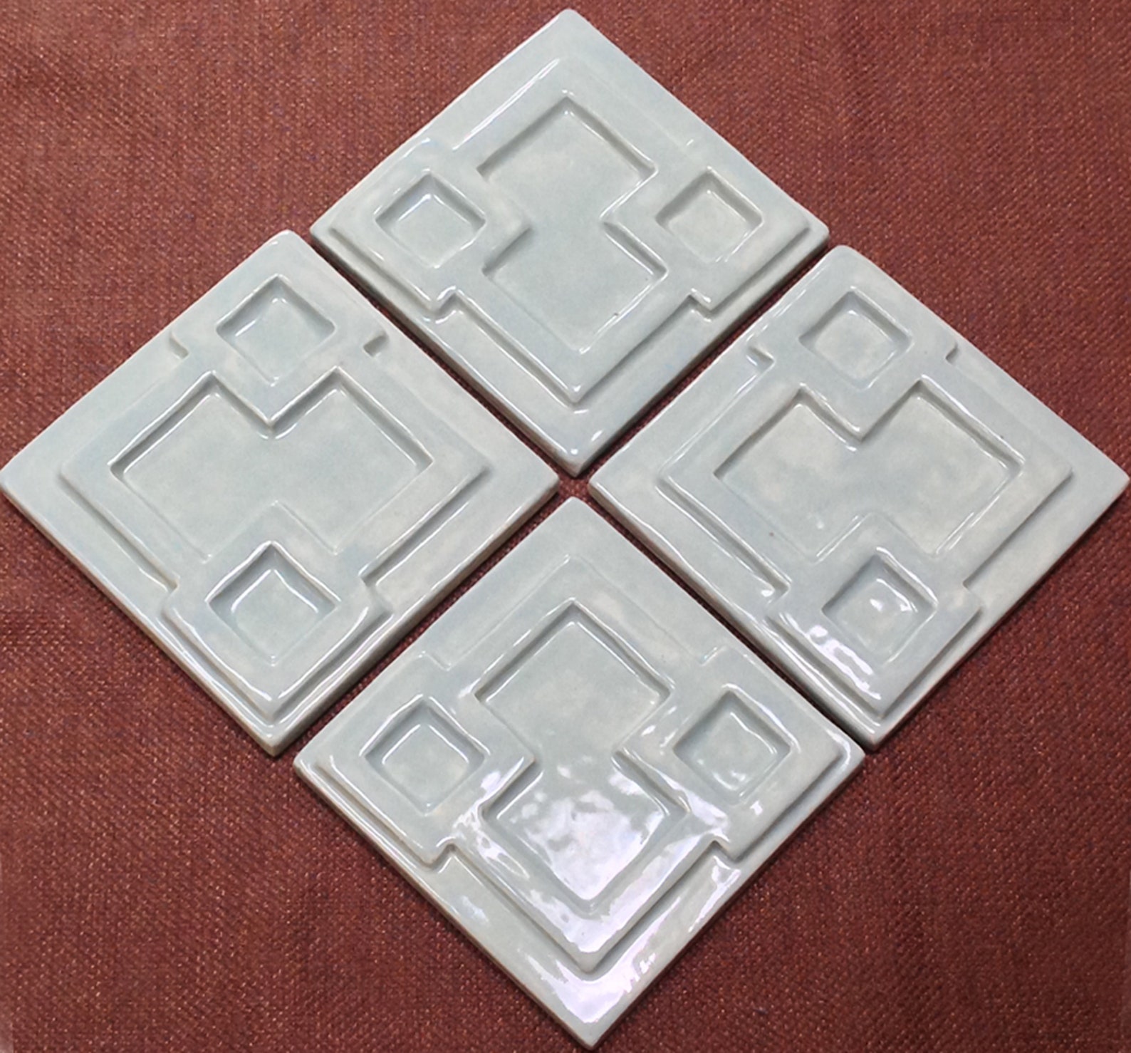 4 3D Geometric tiles set of 4 Prairie style celadon | Etsy