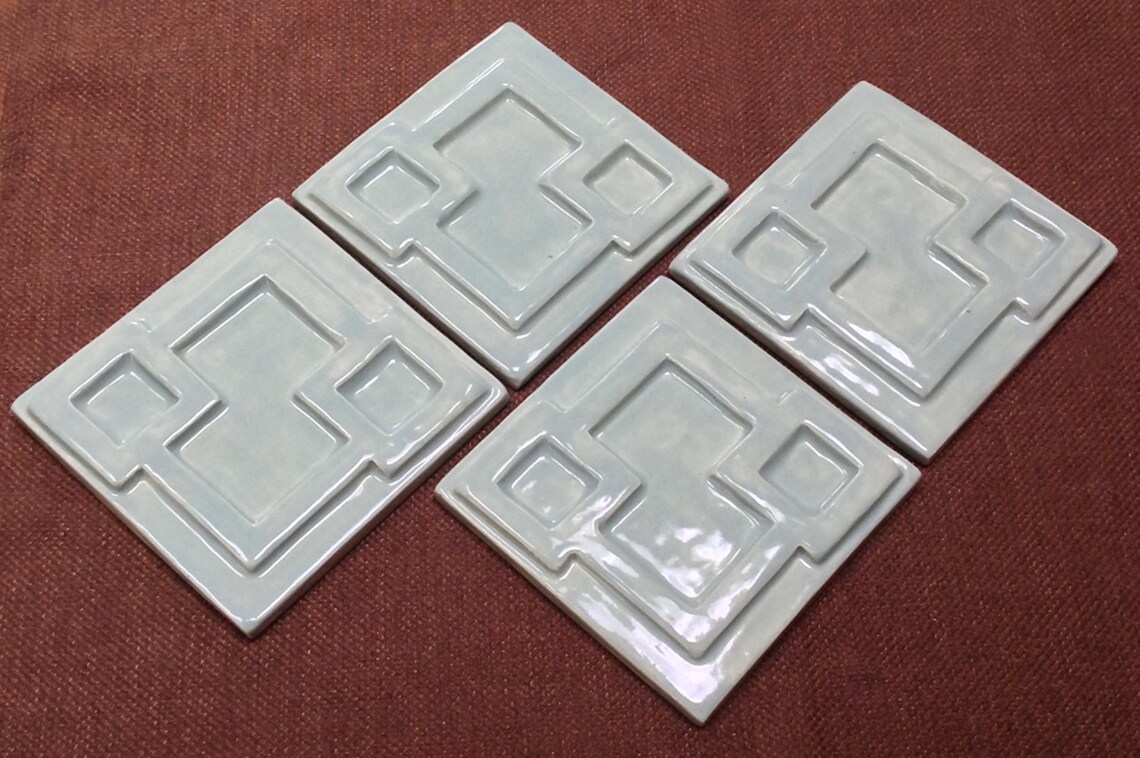4 3D Geometric Tiles Set of 4 Prairie Style Celadon | Etsy