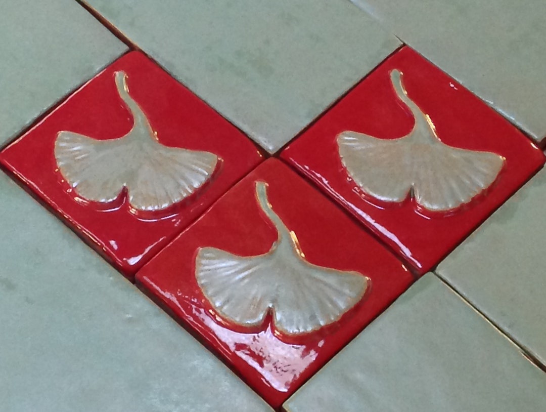 3" Ginkgo Tile/ Arts and Crafts Tile for Fireplace or Kitchen, Bright ...
