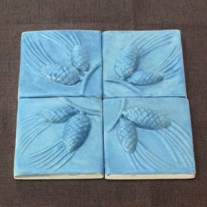 Pine-cone Tiles Set of 4 , Arts and Crafts Blue Tile for Fireplace ...