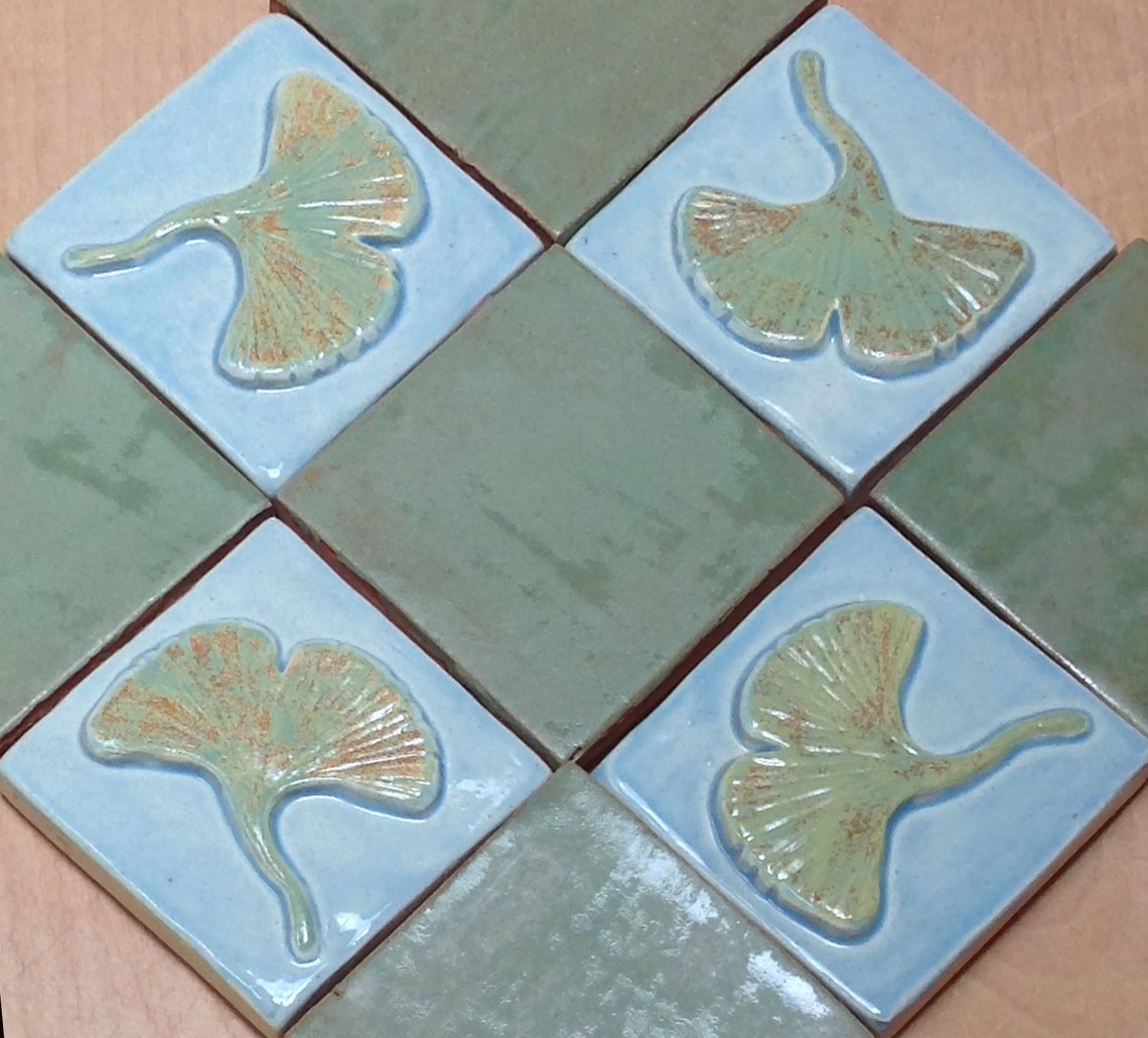 3 Gingko Tiles Blue & Green Glaze. Four Craftsman Tile - Etsy