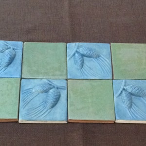 Pine-cone Tiles Set of 4 , Arts and Crafts Blue Tile for Fireplace ...
