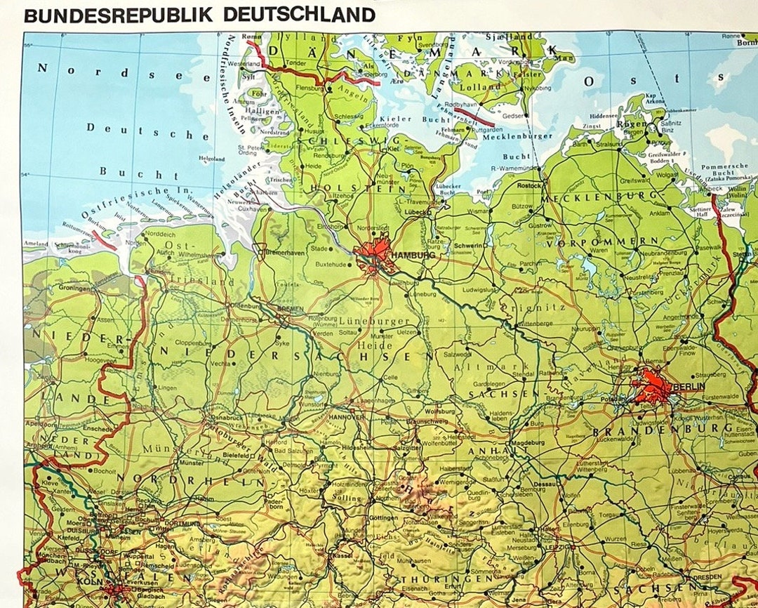 Large 1990 Wall Map Germany 55x 39 Deutschland BRD Vintage Original ...