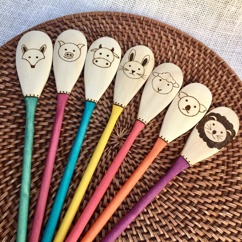 Kids' Animal Mixing Spoon Woodburned Spoons Farm - Etsy