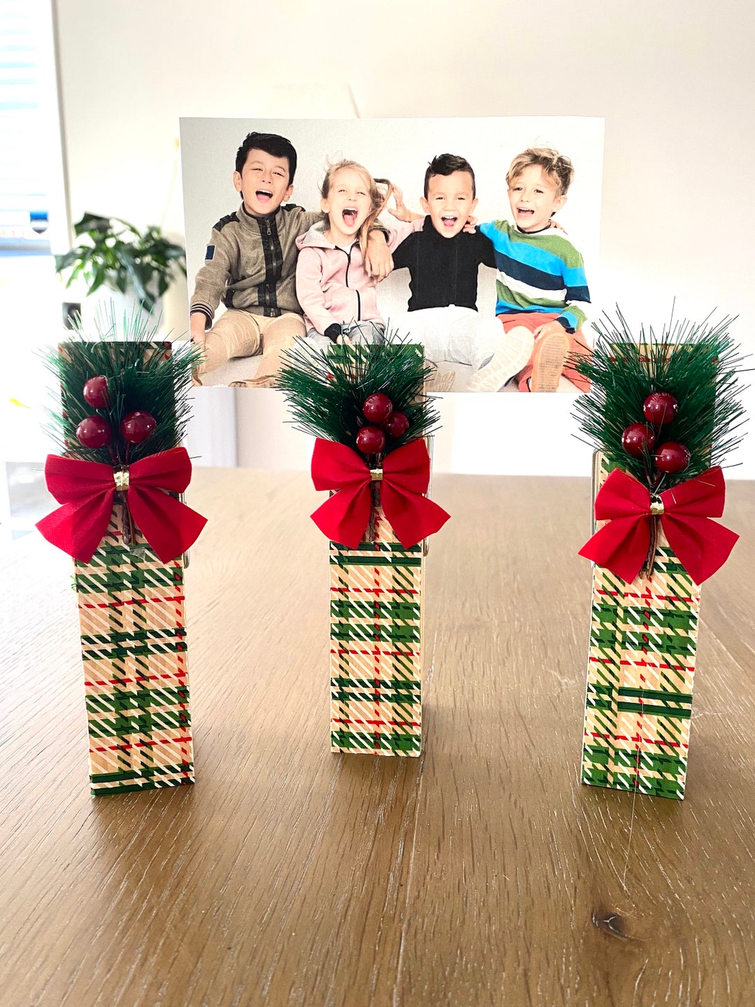 Jumbo Clothes Pin Photo Holder 6 Tall Plaid With Sprig - Etsy
