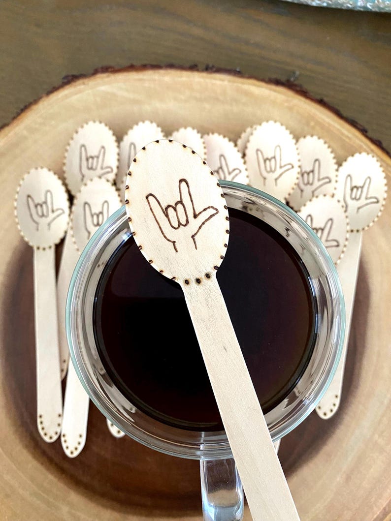 Custom ASL Sign Language I Love You, STIR SPOONS, Coffee, Woodburned ...