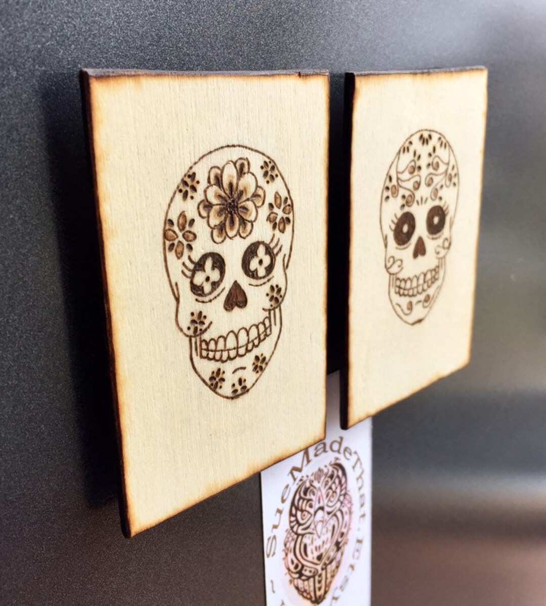 Sugar Skull Magnet Set, Woodburned Magnet, Large Magnets, Kitchen Decor ...