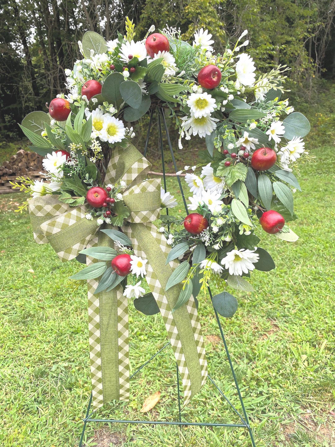 Front Door Red Apple and Daisy Wreath, Autumn Front Door Fruit Wreath ...