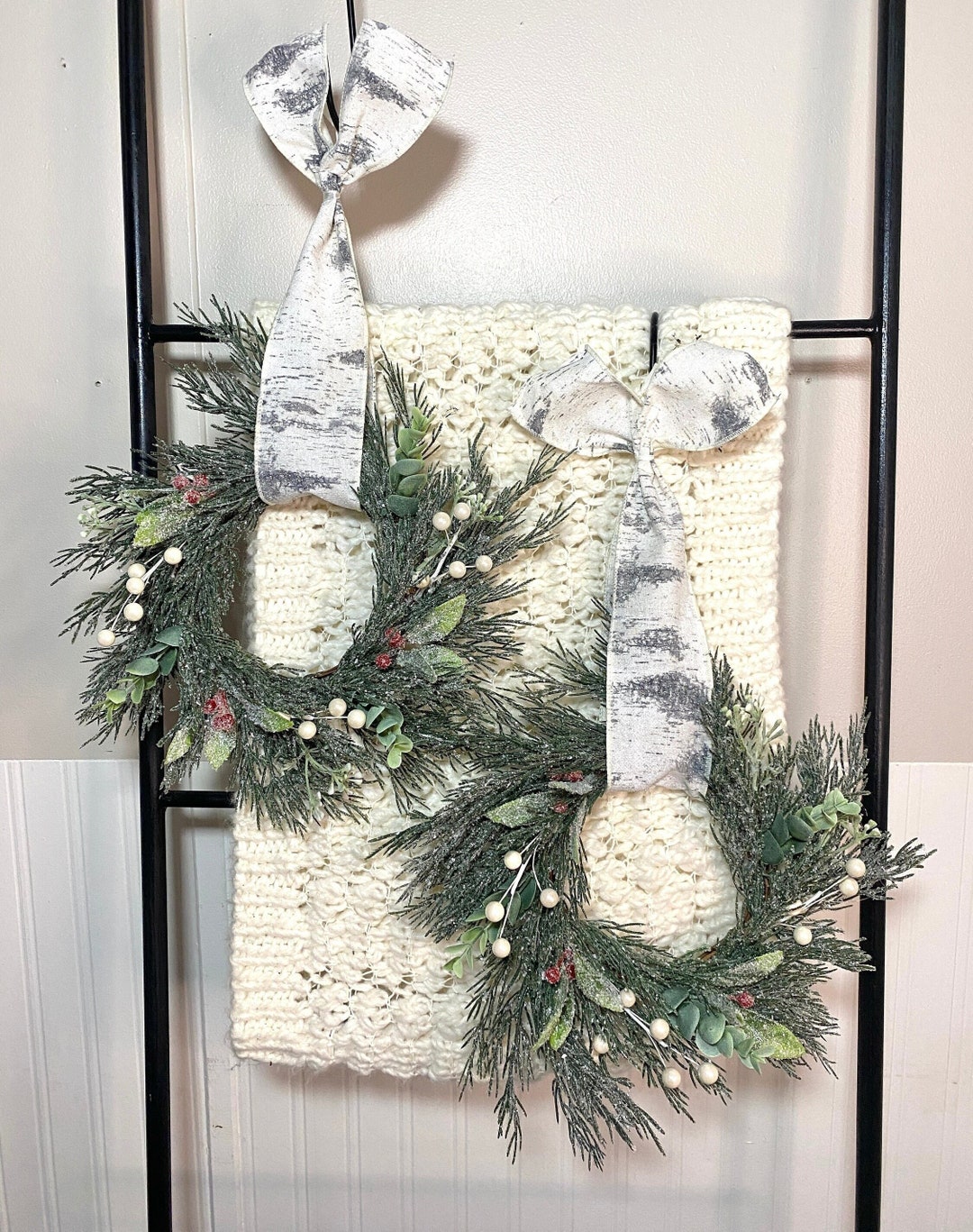 Glittery Cedar Mini Wreaths Set: Winter Cabinet Decor With Birch Ribbon ...