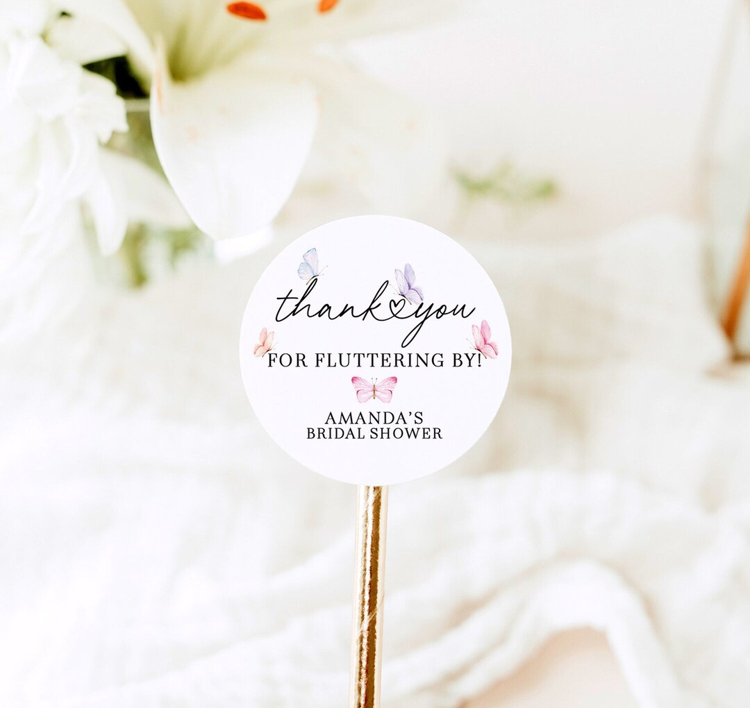 Butterfly Favor Stickers, Thank You for Fluttering By, Bridal Shower ...