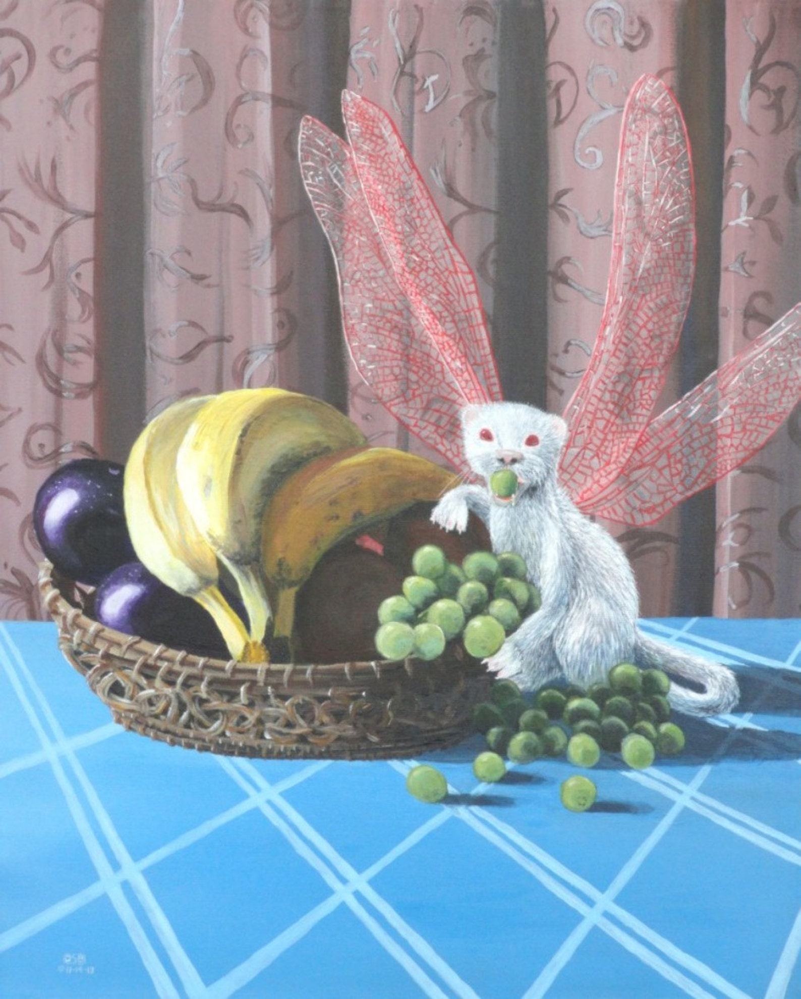 Flutter Ferret and Basket of Fruit Still Life, Blue Tablecloth ...