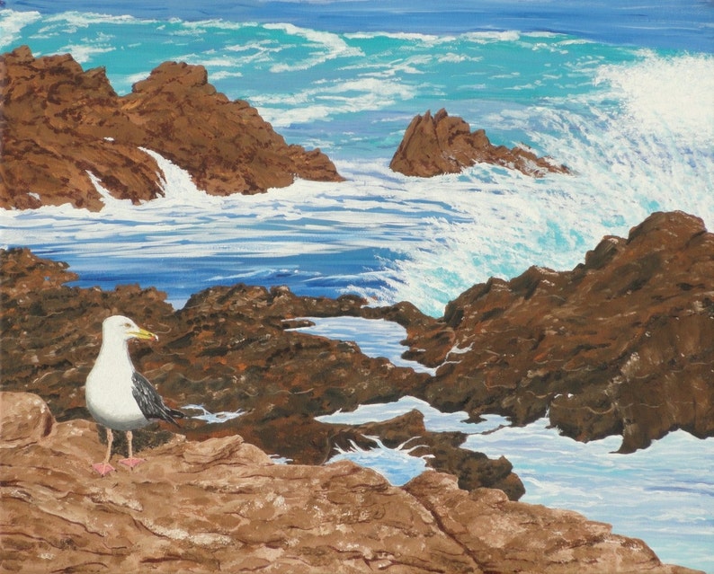 Seascape Painting With Seagull on Rocks in Front of Ocean Waves, Framed ...