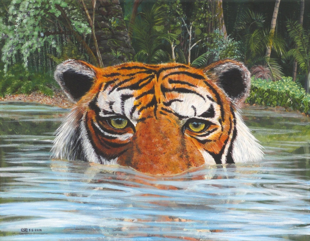 Swimming Tiger in Jungle Lake, Wildlife Art, Original Acylic Painting ...