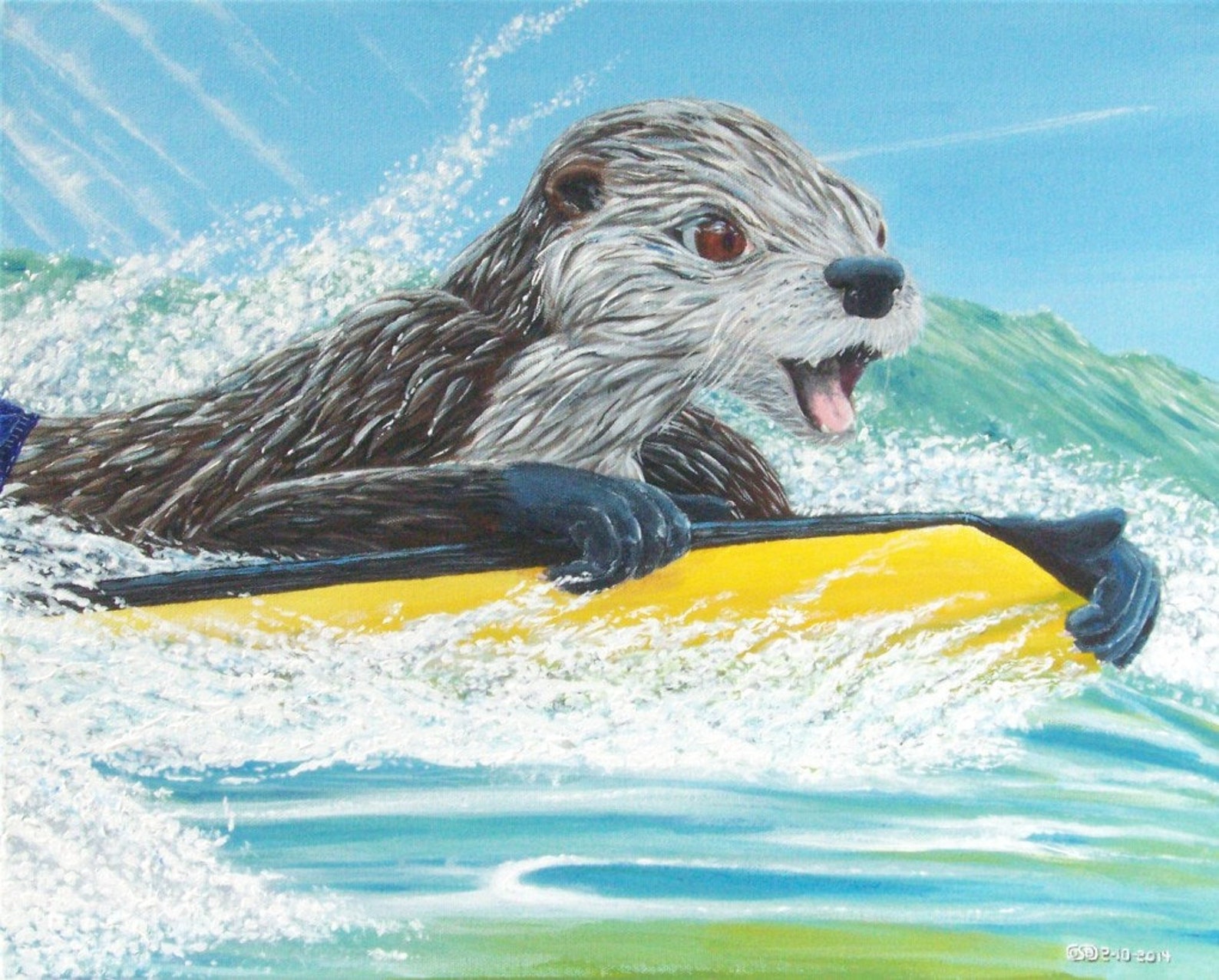 Anthropomorphic Otter Riding the Waves on a Belly Board Through the ...
