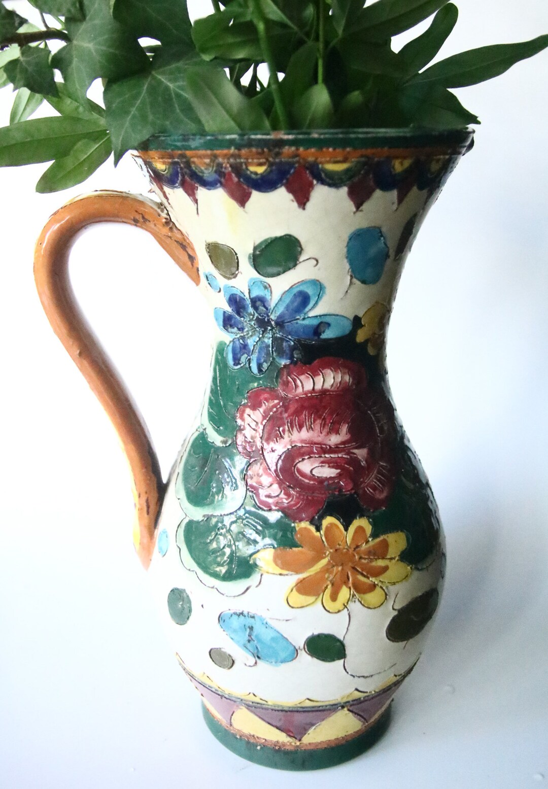 Large Vintage Italian Ceramic Jug, Floral Folk Pattern - Etsy