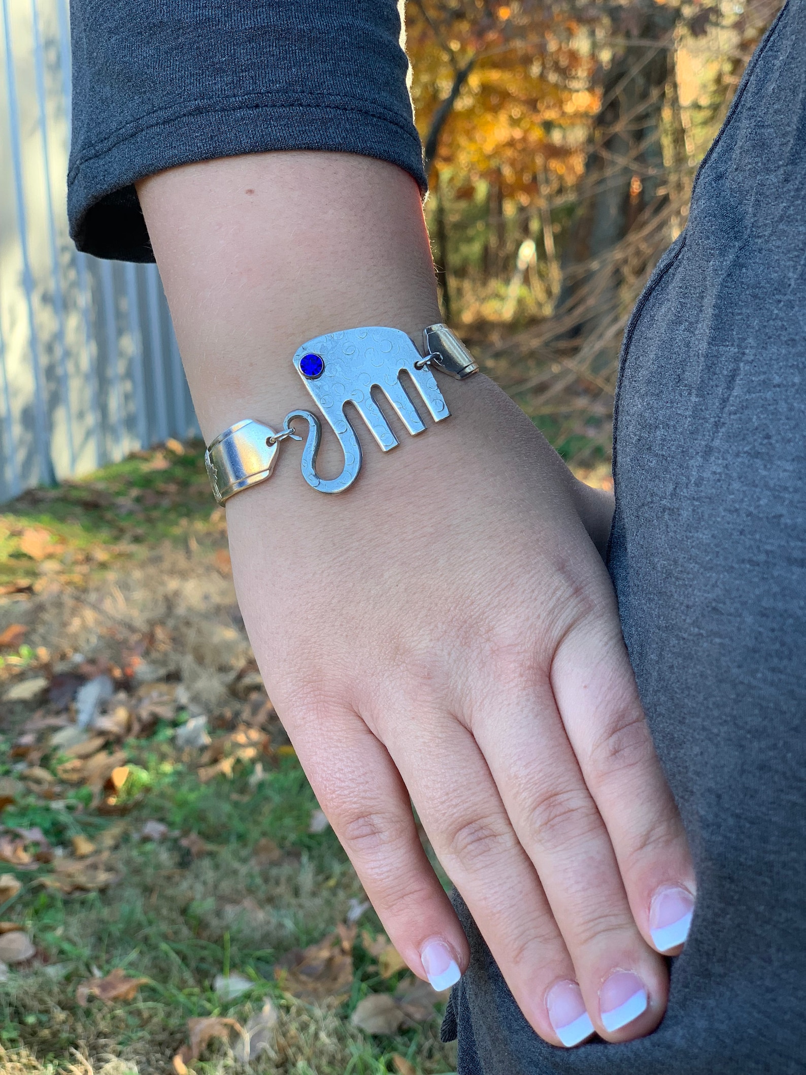 Custom Elephant Repurposed Fork Bracelet With Crystal Rivet, Trunks up ...