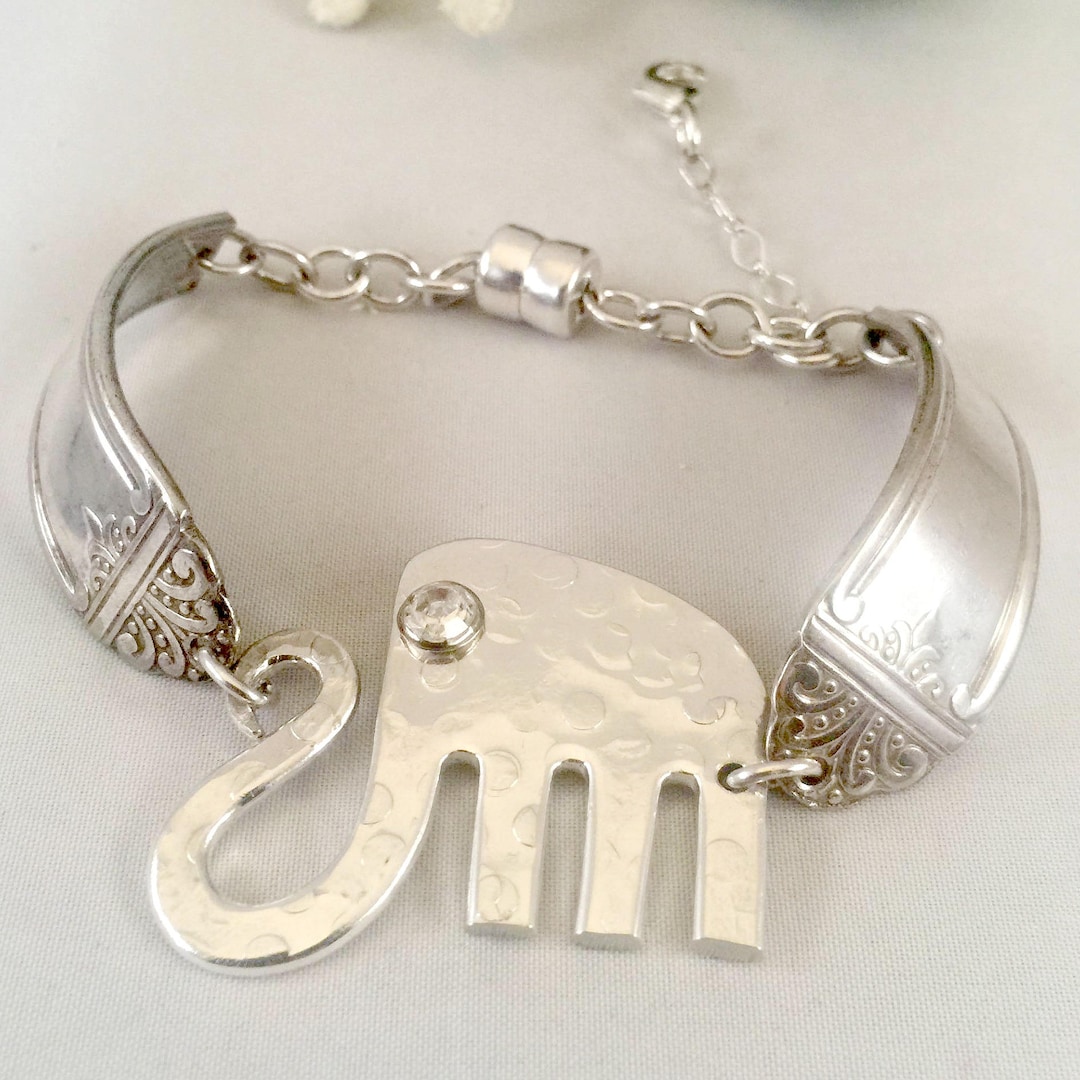 Custom Elephant Repurposed Fork Bracelet With Crystal Rivet, Trunks up ...