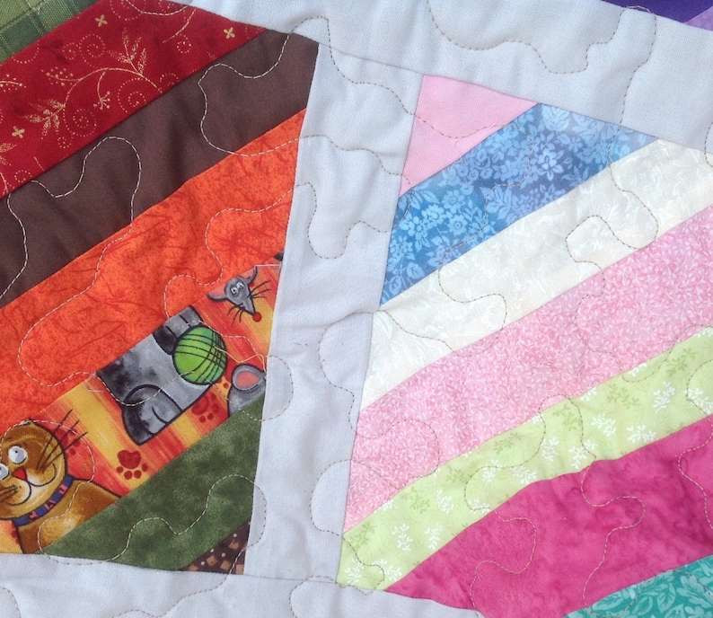 String Pieced Block Quilt, Diagonal Strips, Lap 54x45 In., Multicolor ...