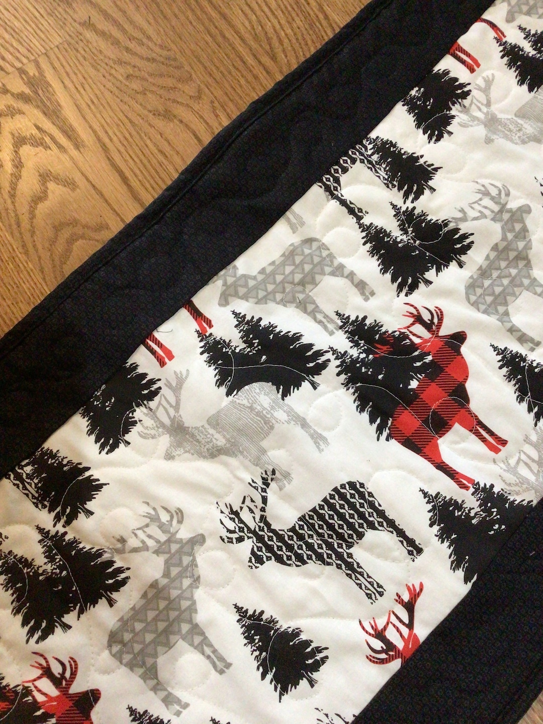 Reindeer and Evergreens, Quilted Cotton Table Runners (2), Black ...