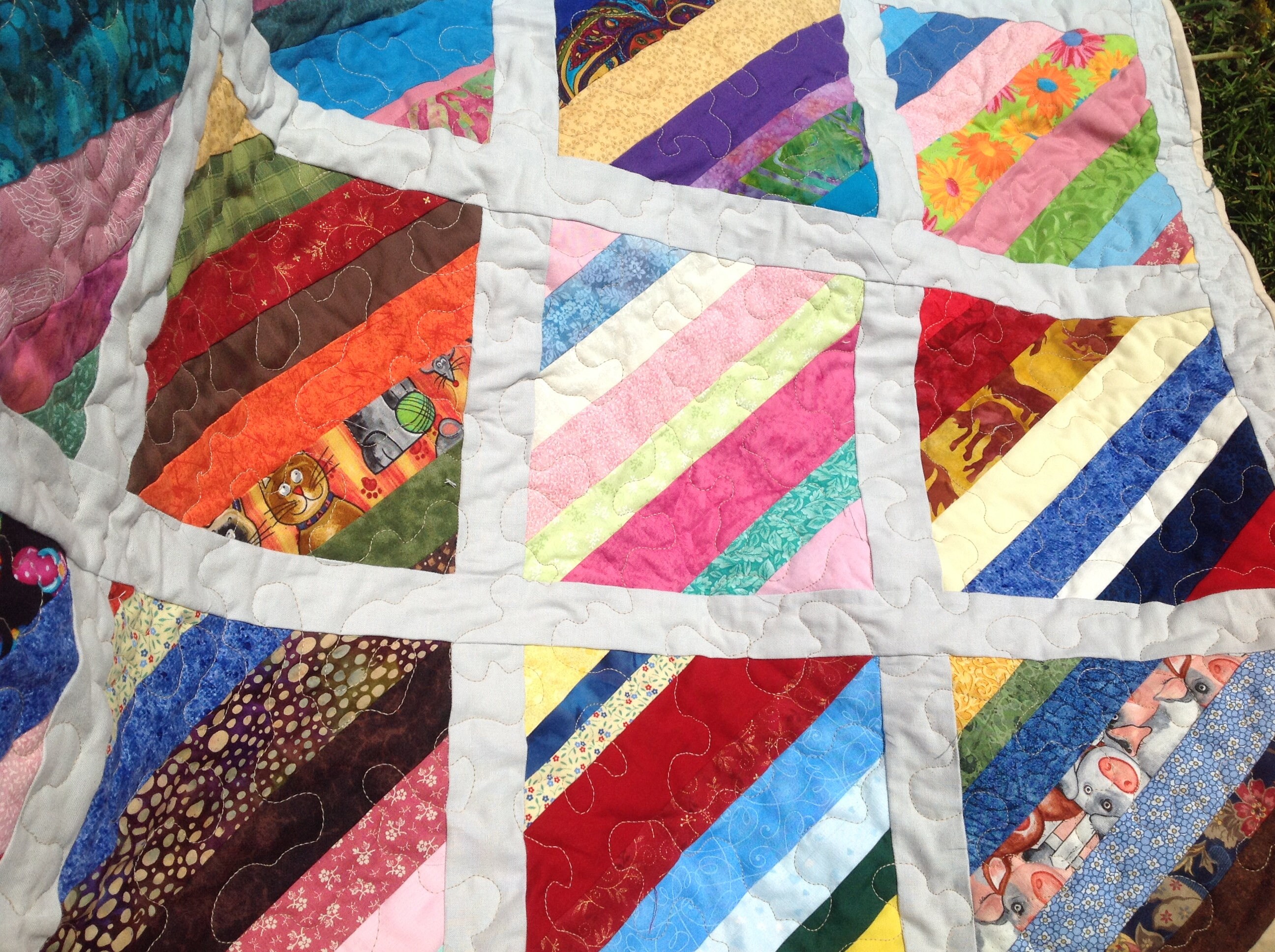 String Pieced Block Quilt, Diagonal Strips, Lap 54x45 In., Multicolor ...