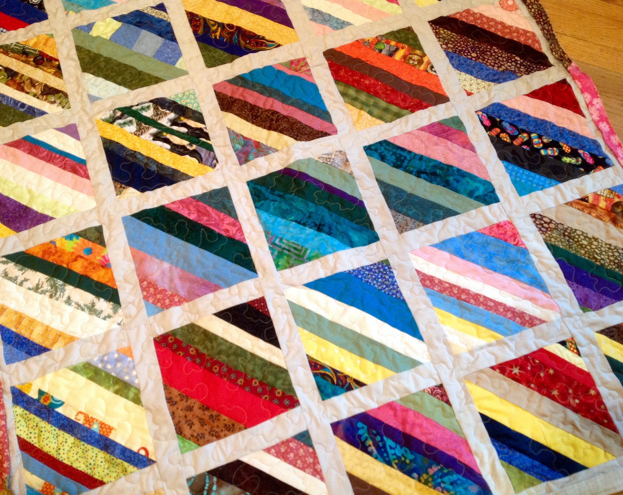 String Pieced Block Quilt, Diagonal Strips, Lap 54x45 In., Multicolor ...