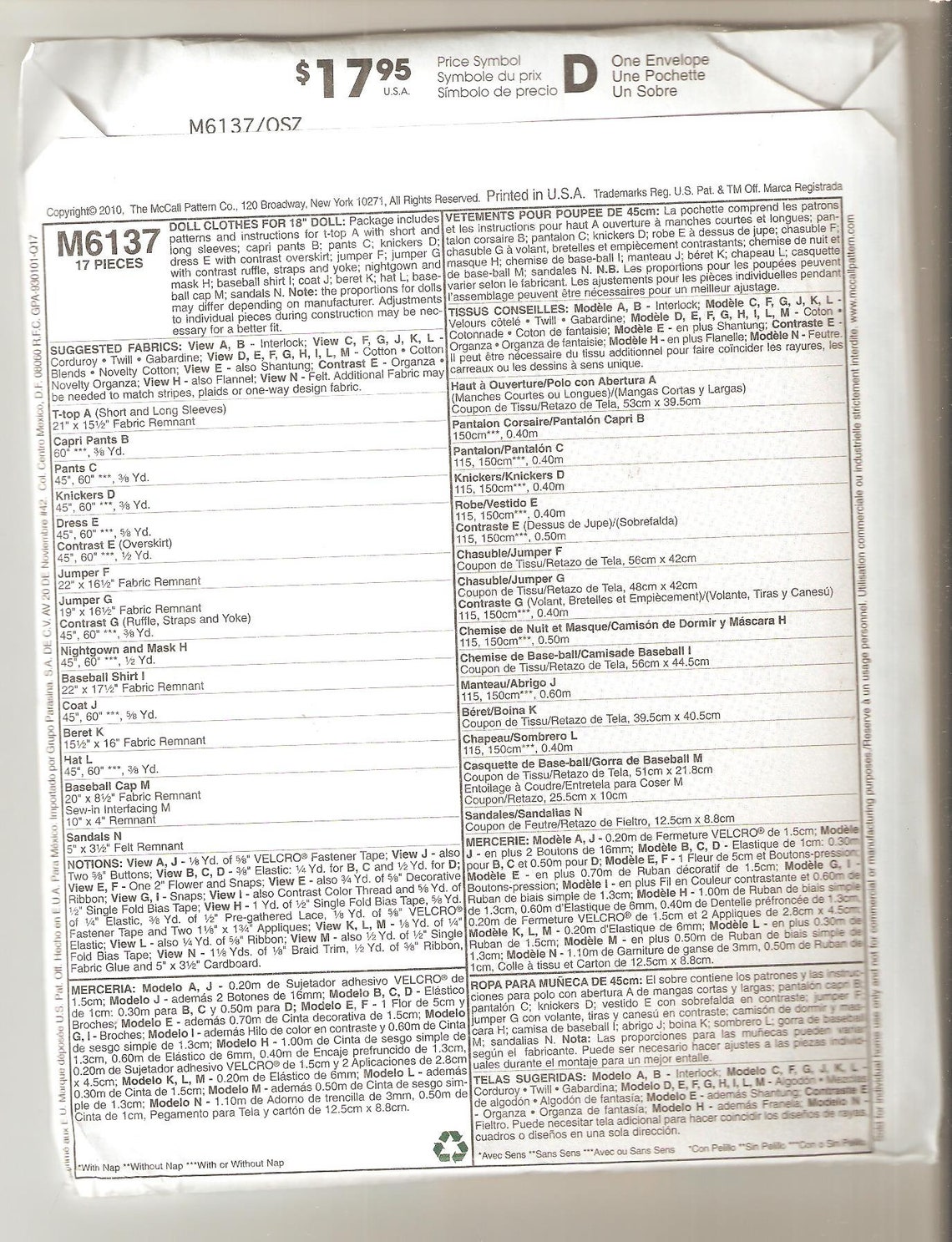 McCall's Sewing Pattern 6137 McCalll's Crafts Doll | Etsy