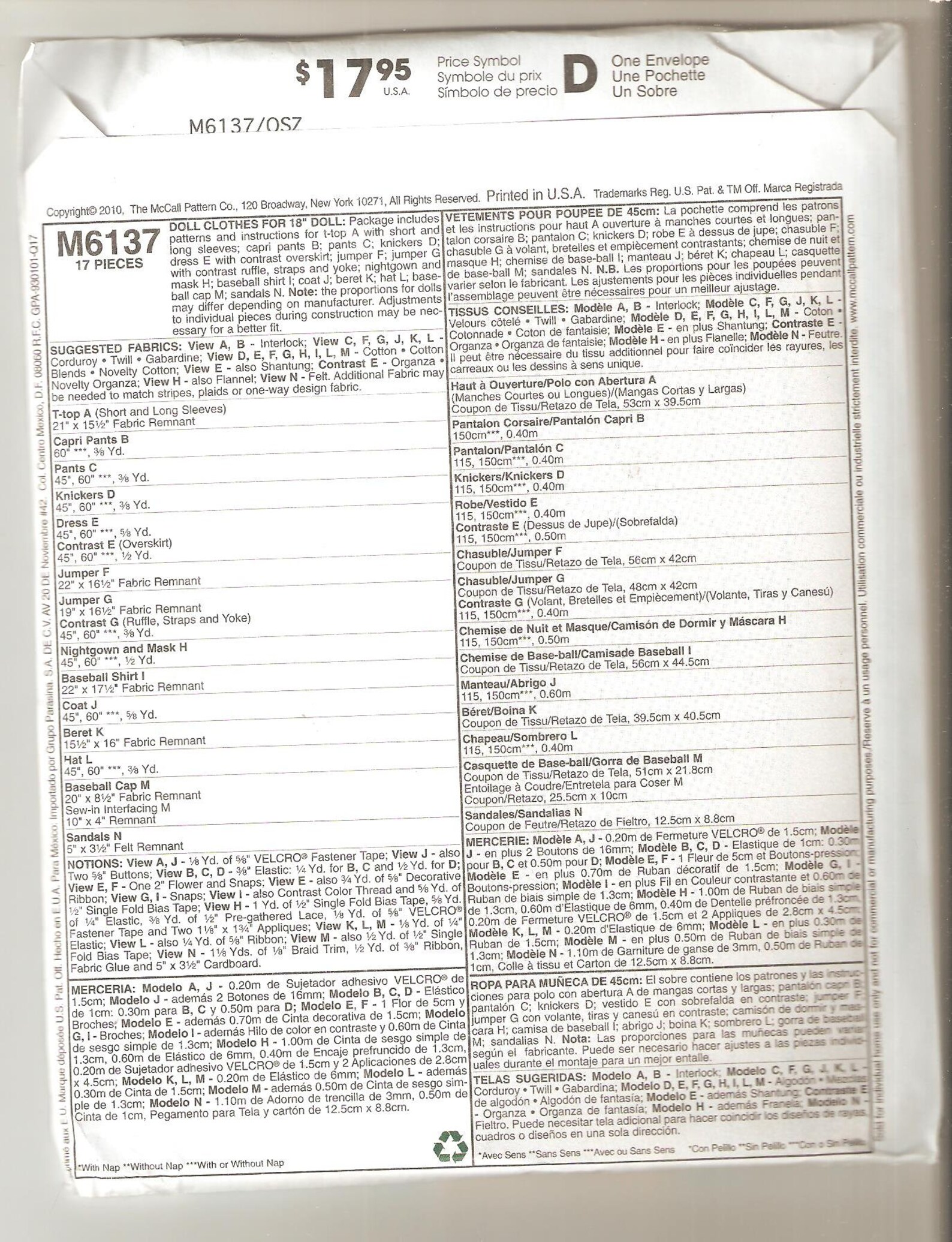 Mccall's Sewing Pattern 6137 Mccalll's Crafts Doll - Etsy