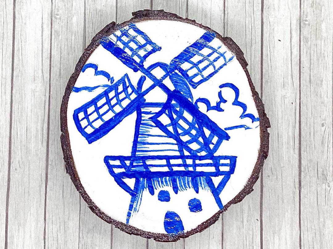 Windmill Magnet, Hand Painted Wood Slice, Blue Delft Style Painting ...