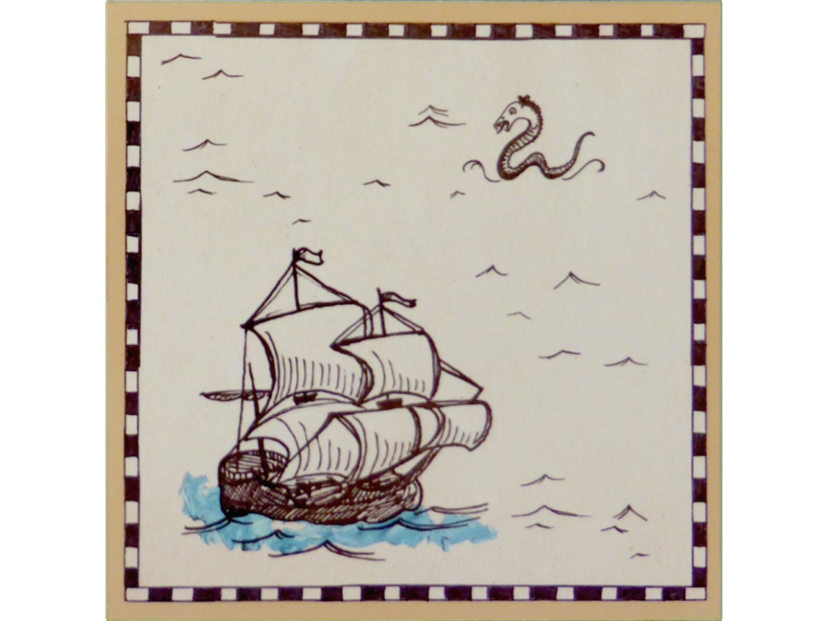 Sailing Ship and Sea Monster Fridge Magnet Inspired by Antique Maps ...