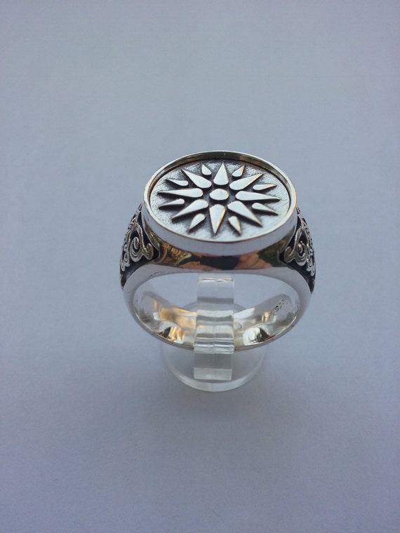 sales shop Varouxi Black Enamel Vergina Sun Silver Ring Men Star of ...