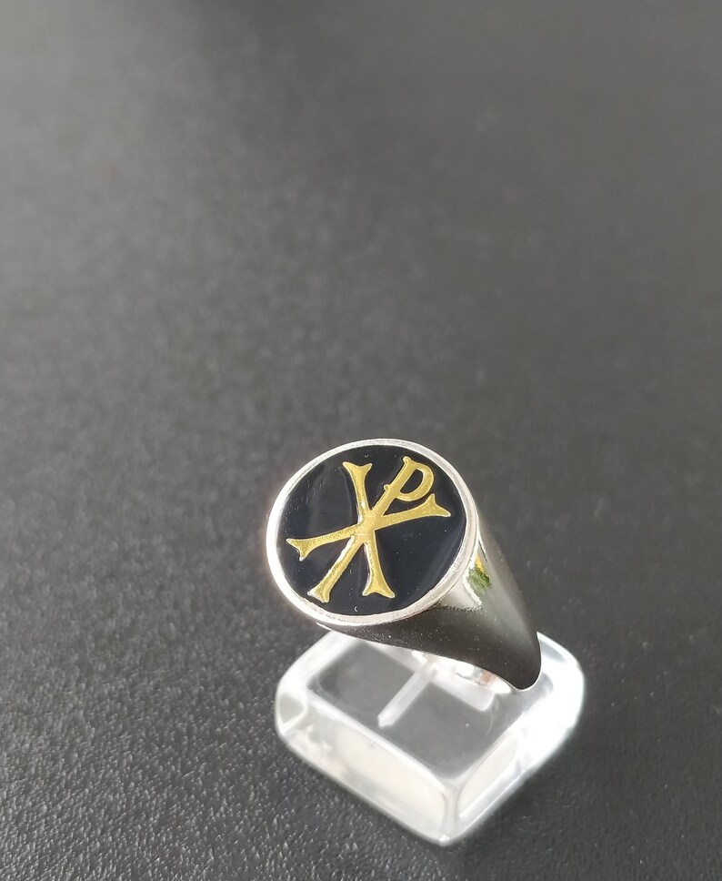 Chi Rho Black Enamel Sterling Silver Ring gold Plated K24 | Etsy