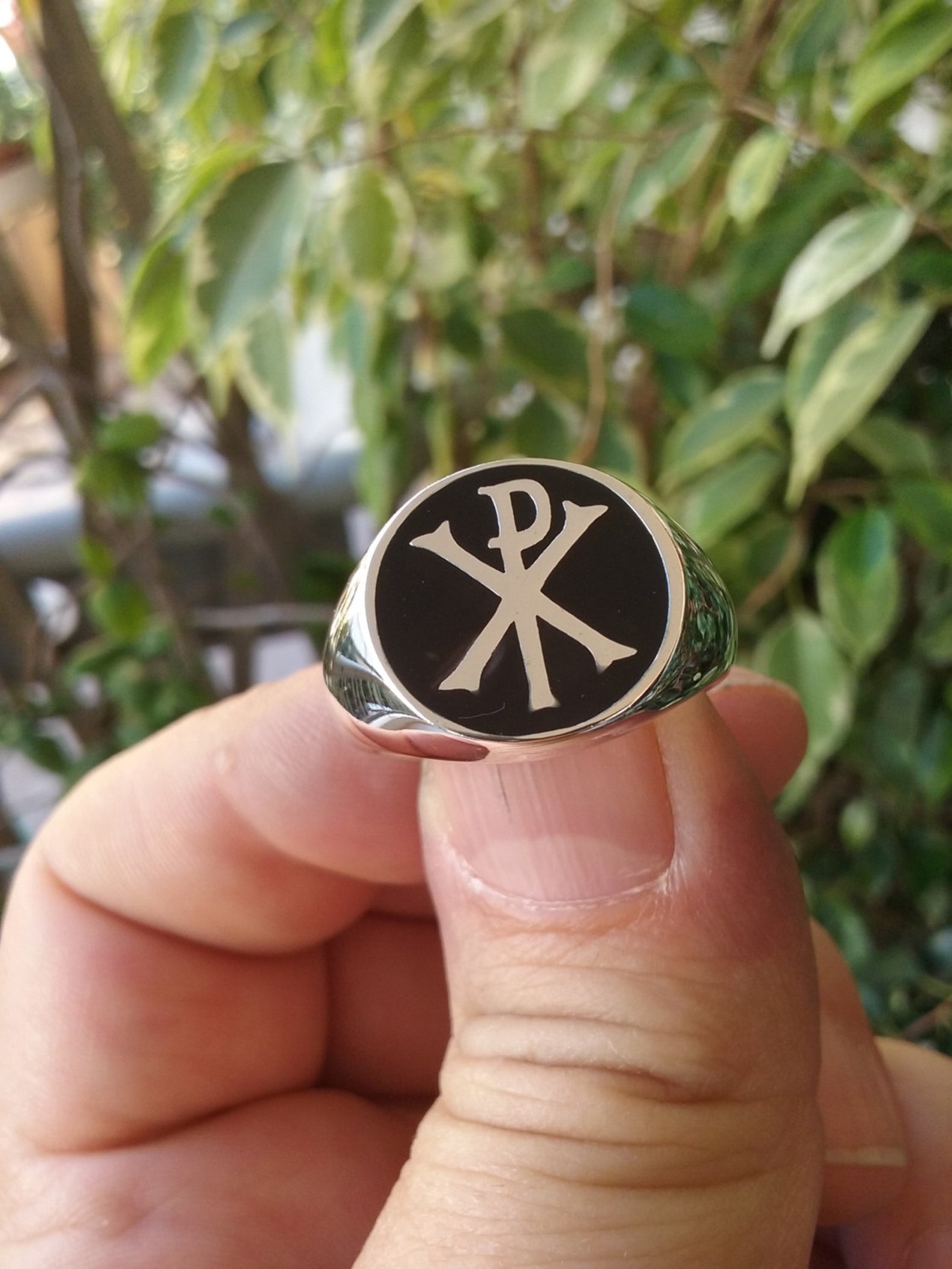 Varouxi Black Enamel Chi Rho Sterling Silver Ring Men | Etsy