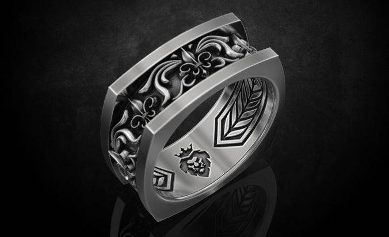Varouxi Bands Ring With Fleur-de-lis With Patterns and Lion - Etsy