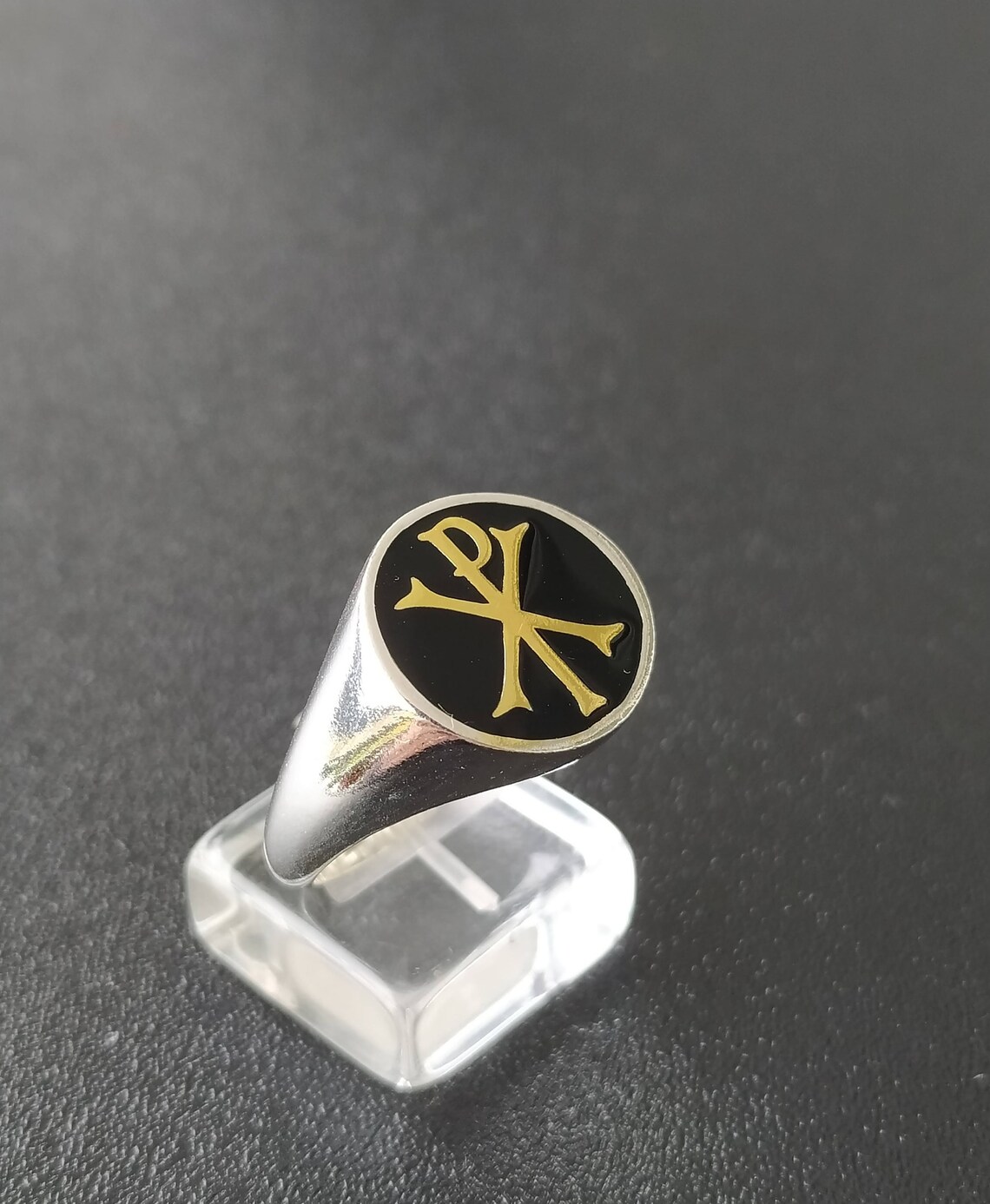 Chi Rho Black Enamel Sterling Silver Ring gold Plated K24 - Etsy