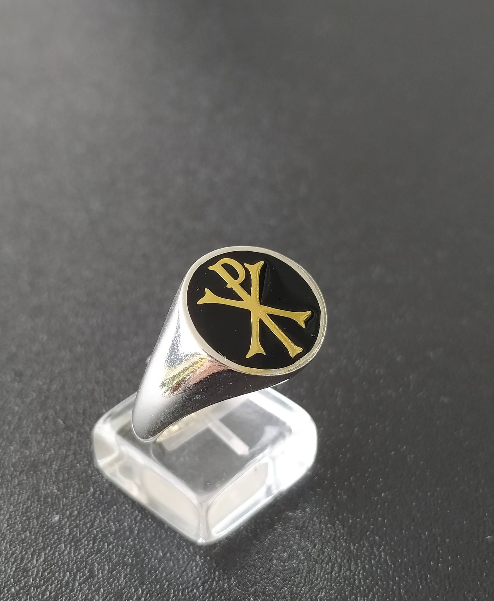 Chi Rho Black Enamel Sterling Silver Ring gold Plated K24 | Etsy