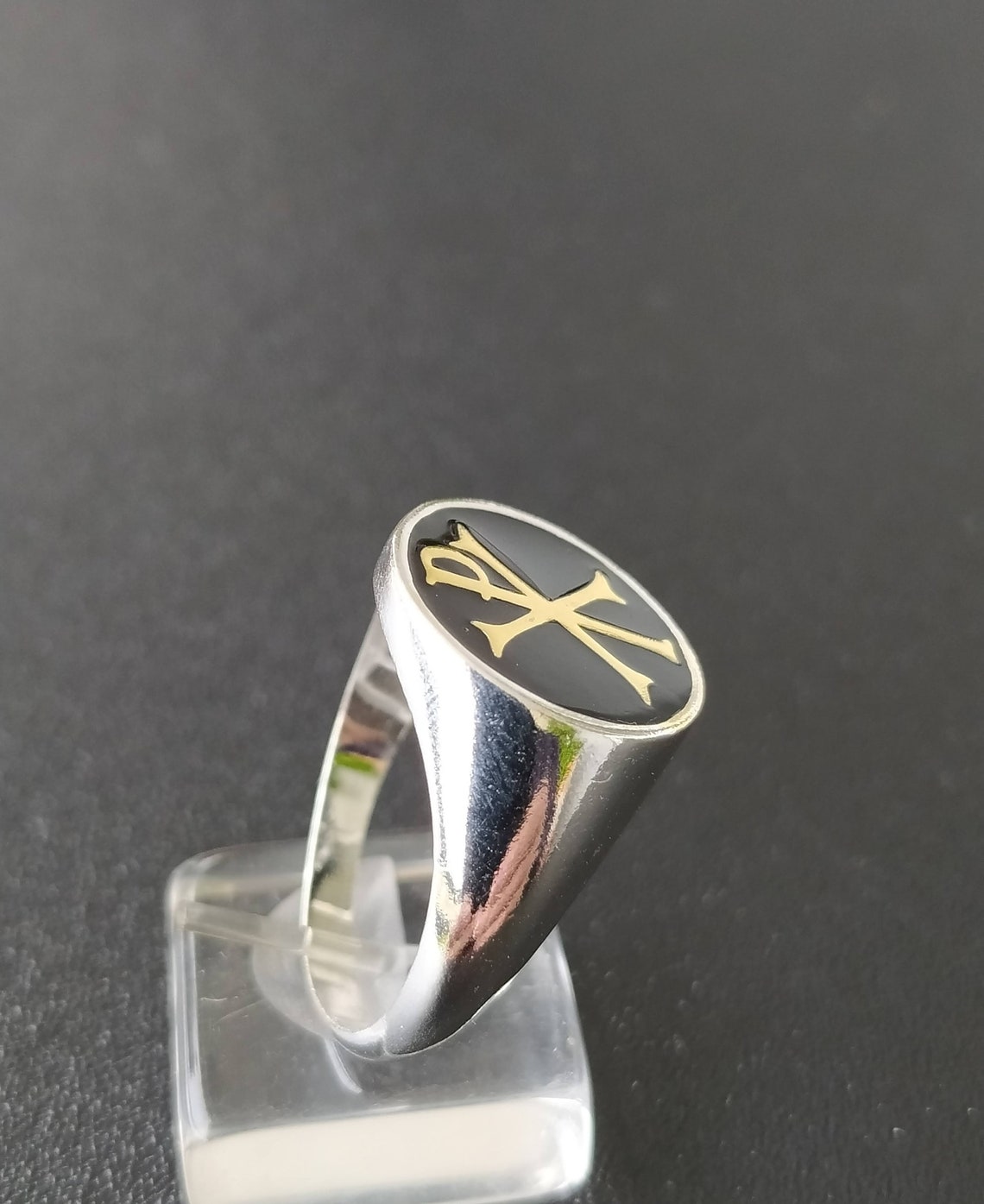 Chi Rho Black Enamel Sterling Silver Ring gold Plated K24 - Etsy