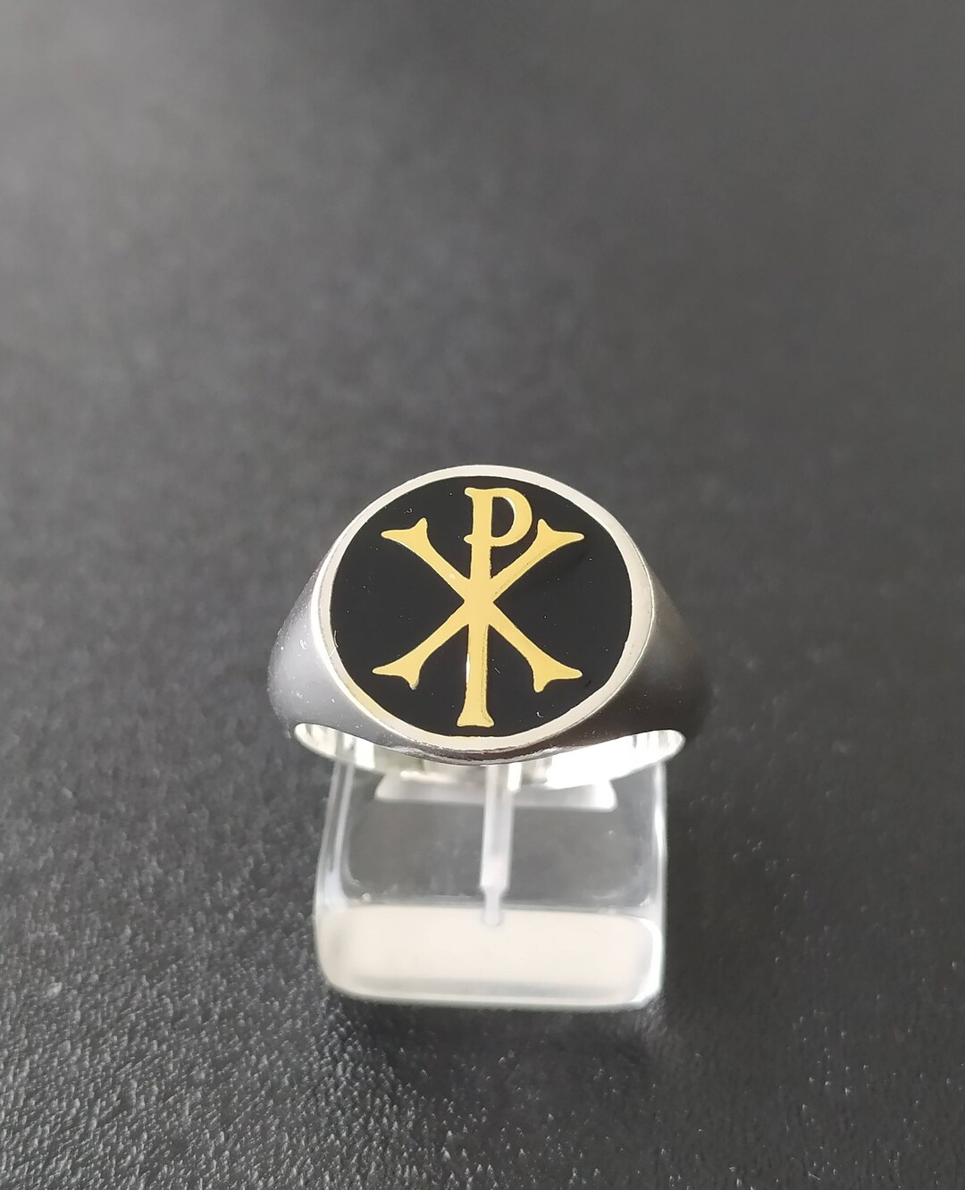 Chi Rho Black Enamel Sterling Silver Ring gold Plated K24 - Etsy
