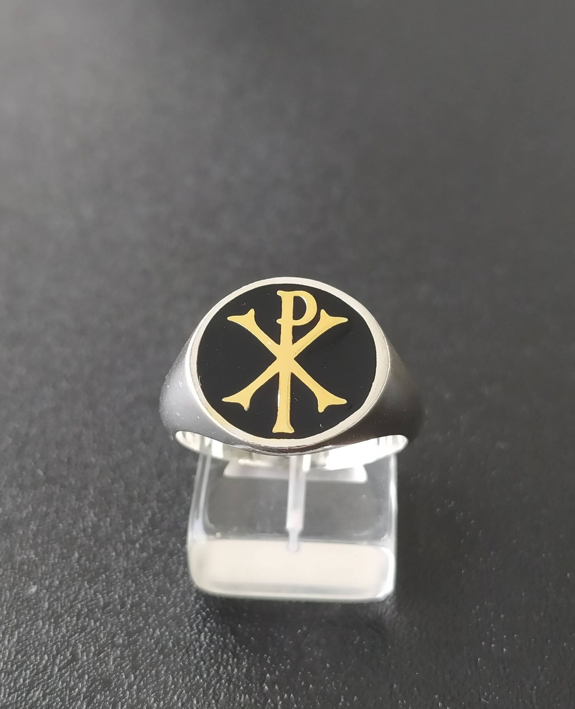 Chi Rho Black Enamel Sterling Silver Ring gold Plated K24 - Etsy