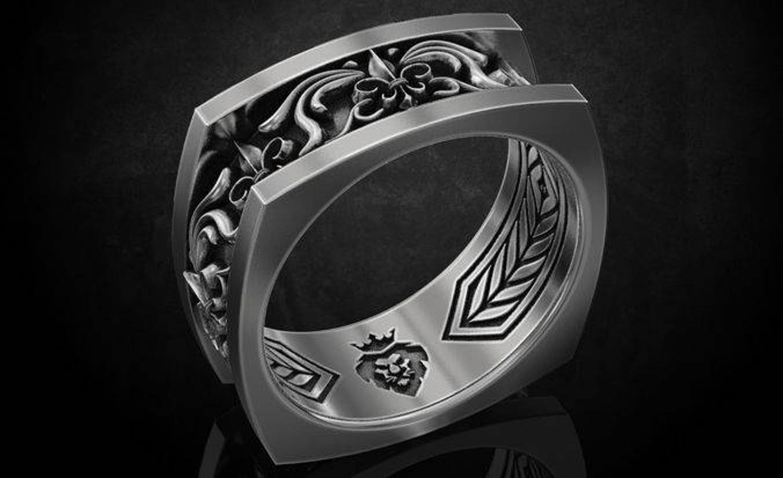 Varouxi Bands Ring With Fleur-de-lis With Patterns and Lion - Etsy