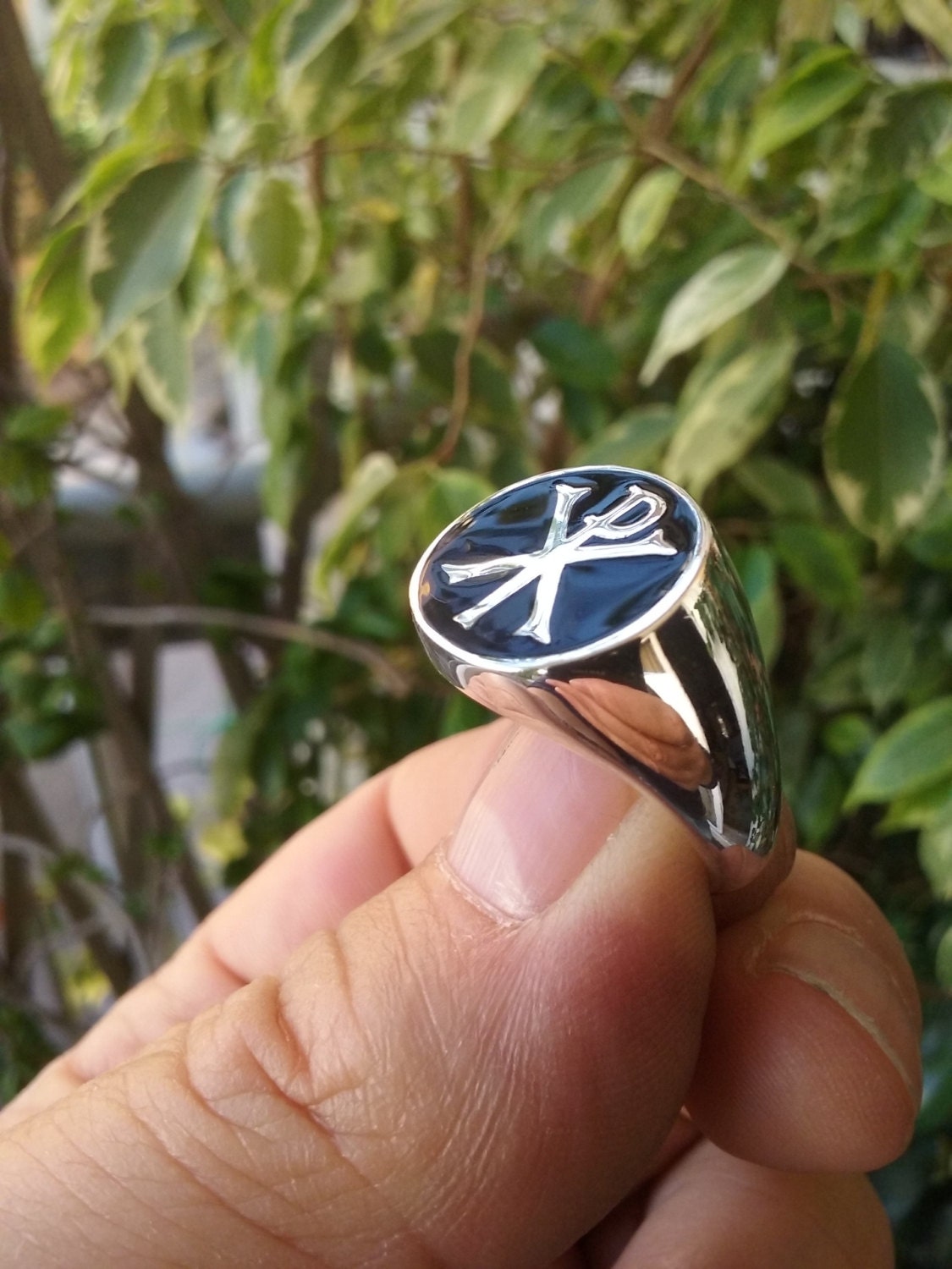 Varouxi Black Enamel Chi Rho Sterling Silver Ring Men | Etsy