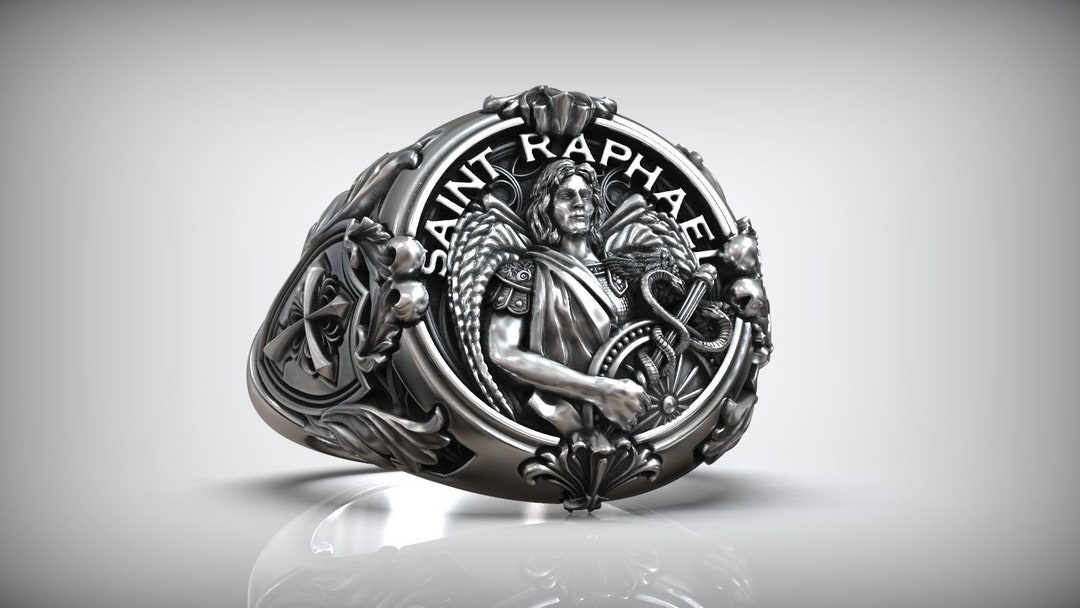 Saint Raphael Archangel Shield Caduceus Spear Christian Ring-silver ...