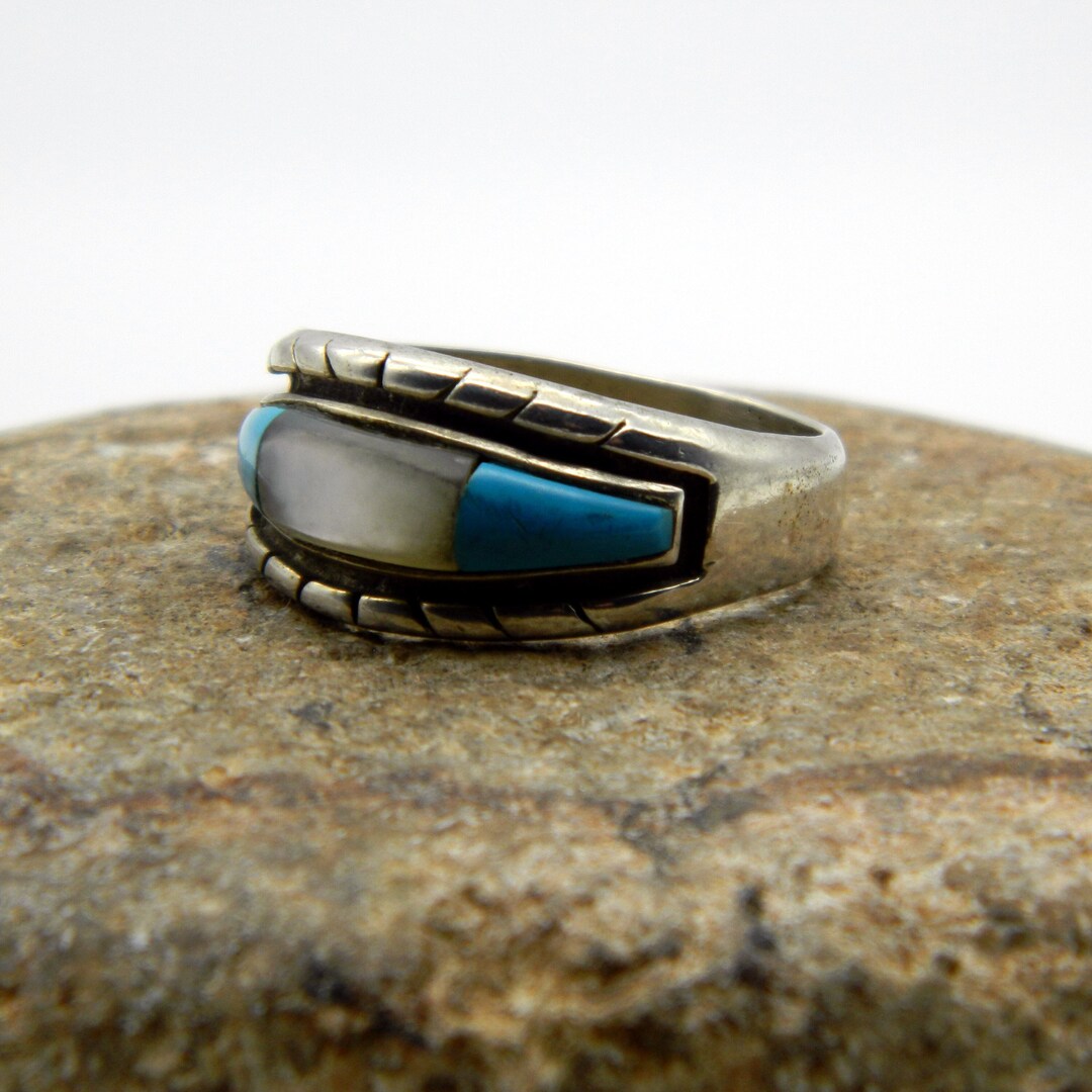 Vintage 1970's Ted Ott Sterling Silver Turquoise & Mother of Pearl Ring - Etsy