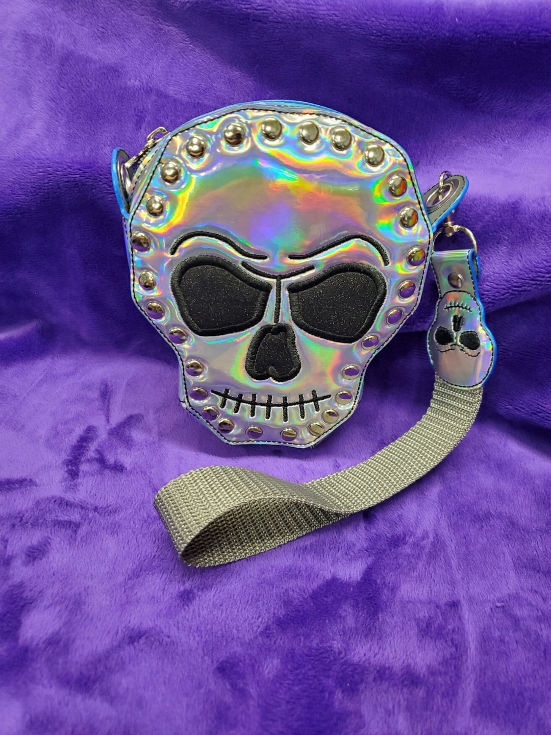 Holographic Skull Studded Wristlet Bag, Small Gothic Purse, Riveted ...