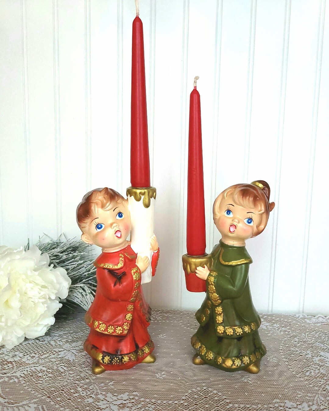 Vintage Christmas Candlestick Holders Boy and Girl Choir Singers Candle ...