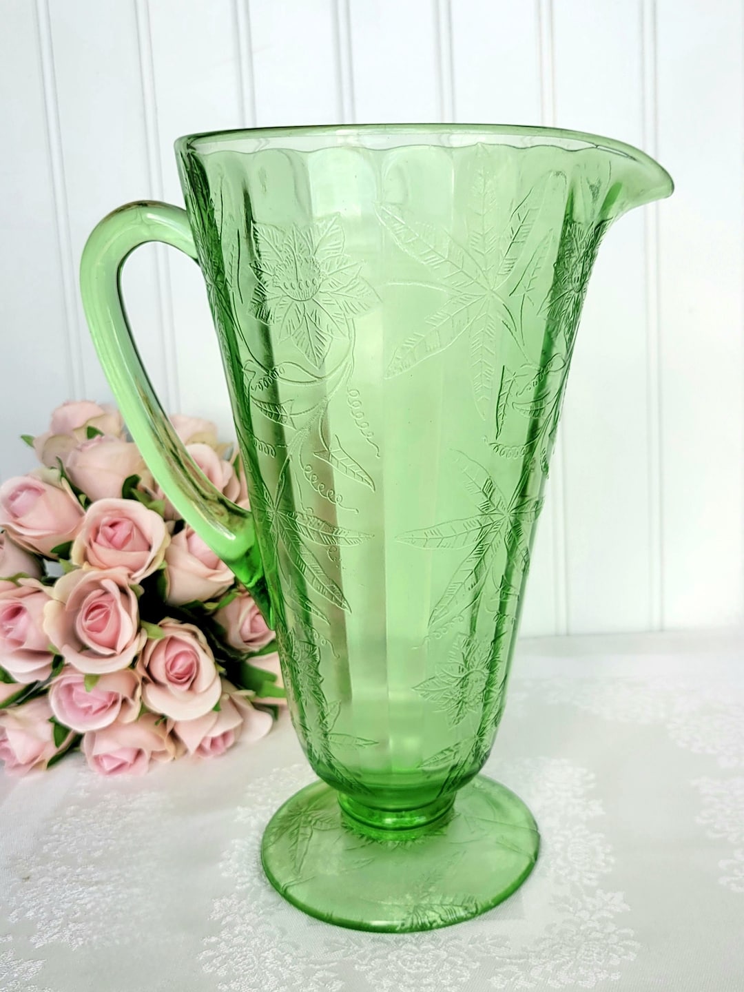 Green Jeanette Depression Glass Floral 10 Inch Pitcher, Green Jeanette ...