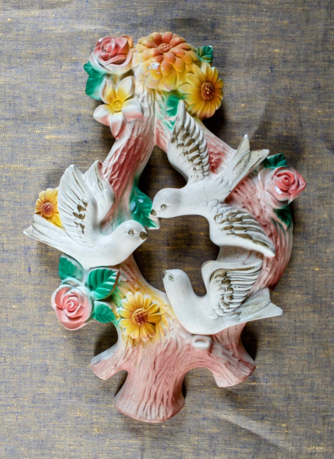 Nostalgic Chalkware Wall Plaque Doves & Flowers Pastel Colored Birds in ...