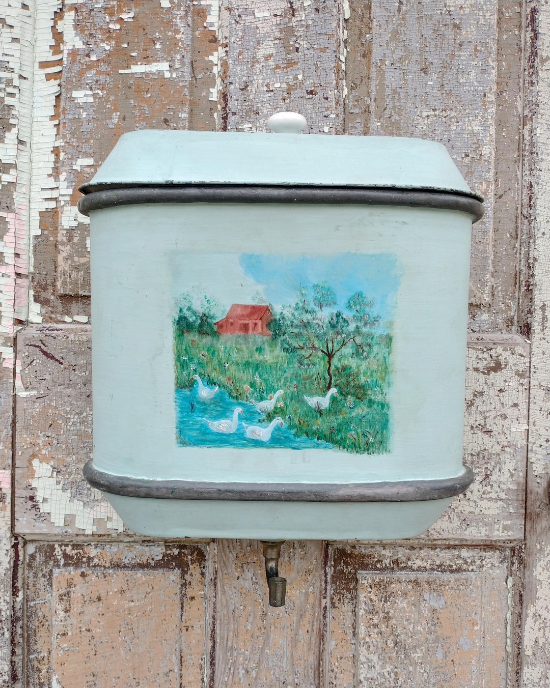 Antique Vintage Wall Water Cistern Tank Fountain W/ Hand Painted ...