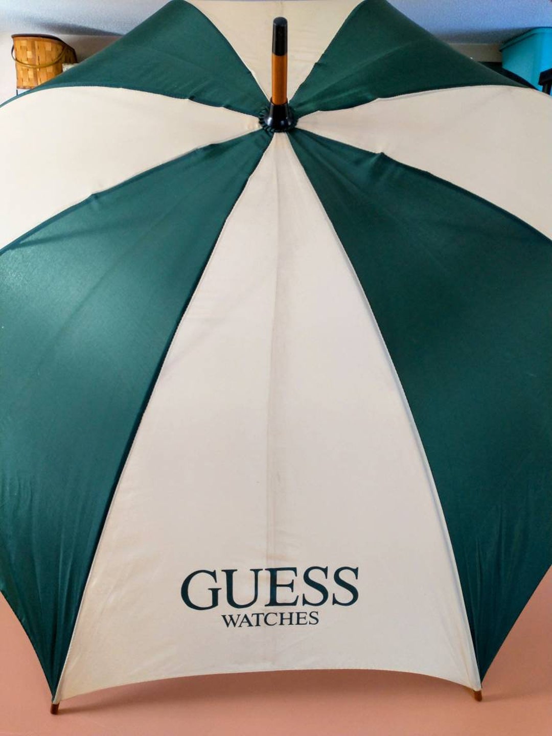 GUESS Vintage Umbrella Guess Watches Two Tone LARGE Green Tan Wood ...